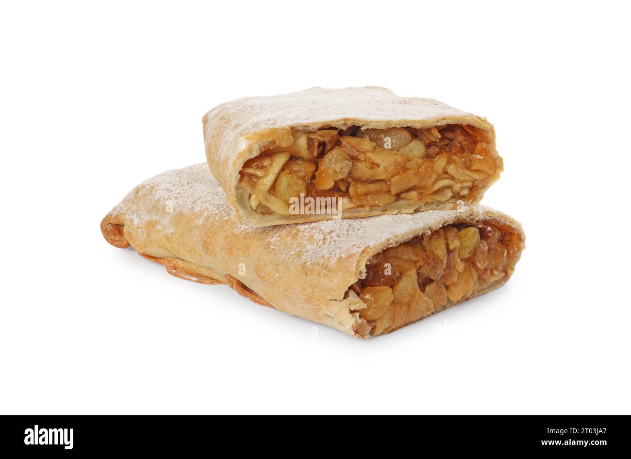 Delicious cut strudel with apples, nuts and raisins isolated on white ...