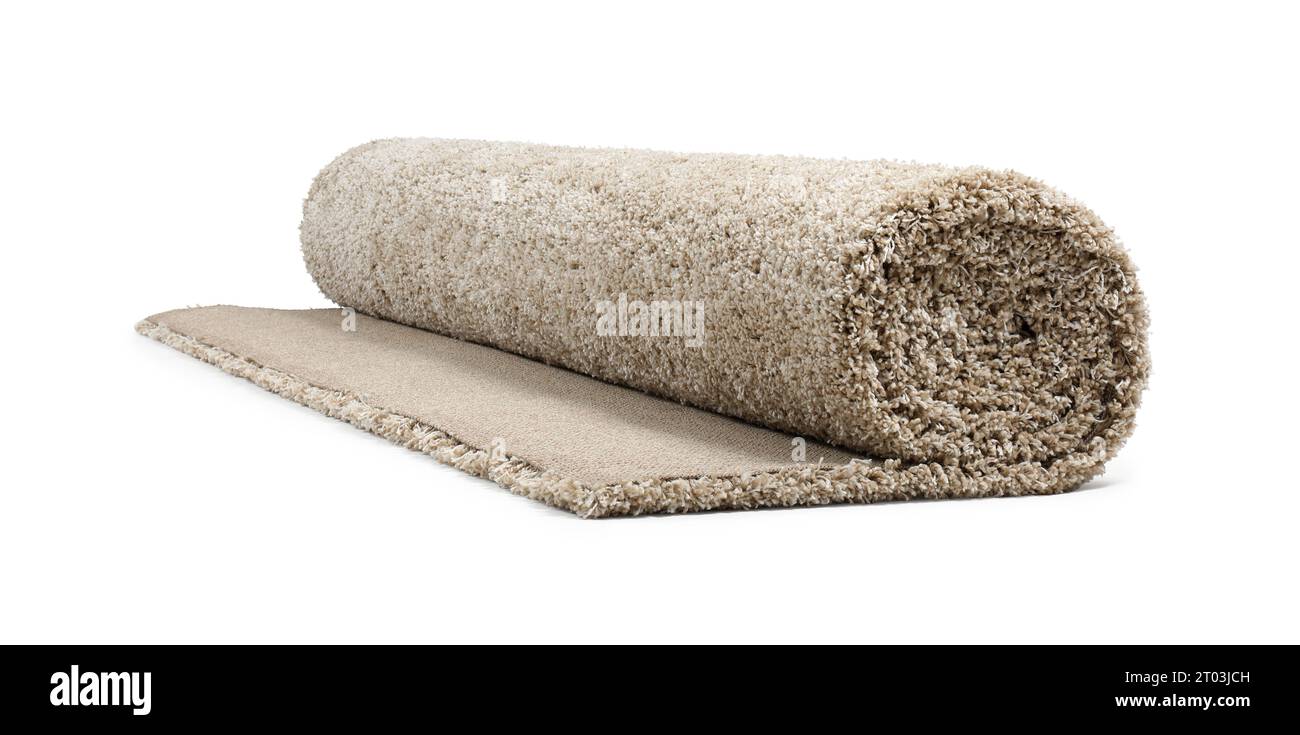 Rolled fuzzy carpet on white background. Interior element Stock Photo ...
