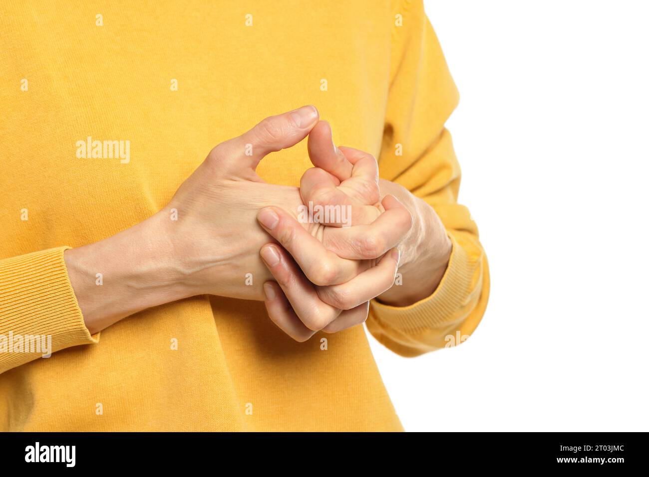 Woman cracking her knuckles on white background, closeup. Bad habit ...