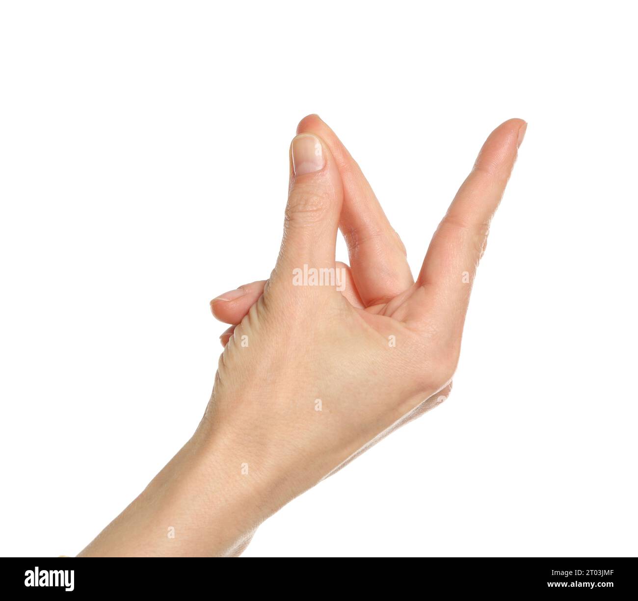 Woman snapping her fingers on white background, closeup. Bad habit ...