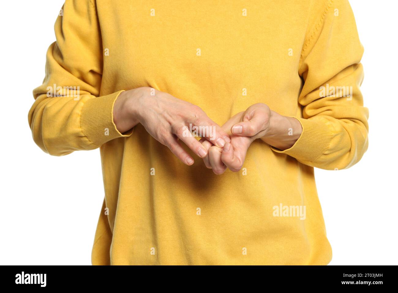 Woman cracking her knuckles on white background, closeup. Bad habit ...