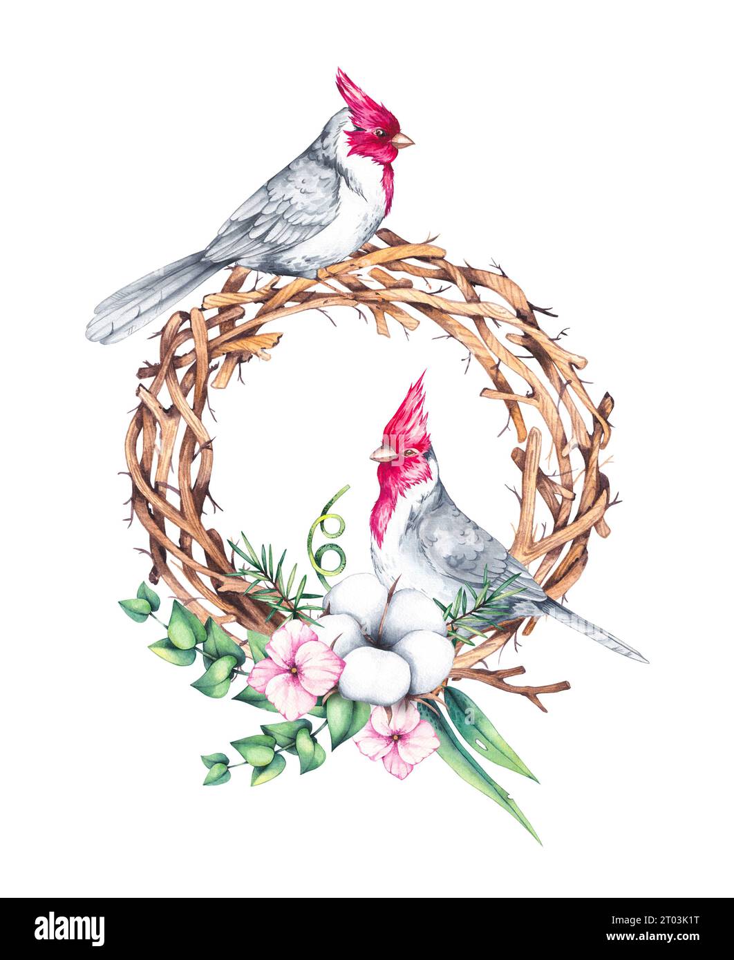 Watercolor birds with flowers. Red cardinal bird, bouquets and wreaths ...