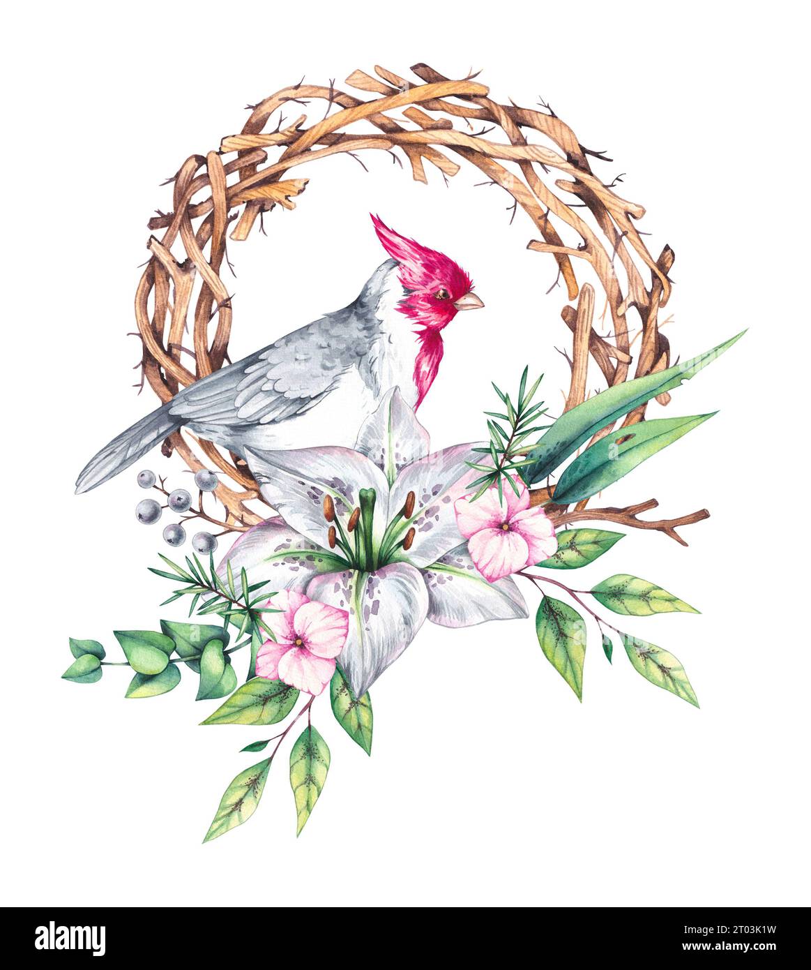 Watercolor birds with flowers. Red cardinal bird, bouquets and wreaths ...
