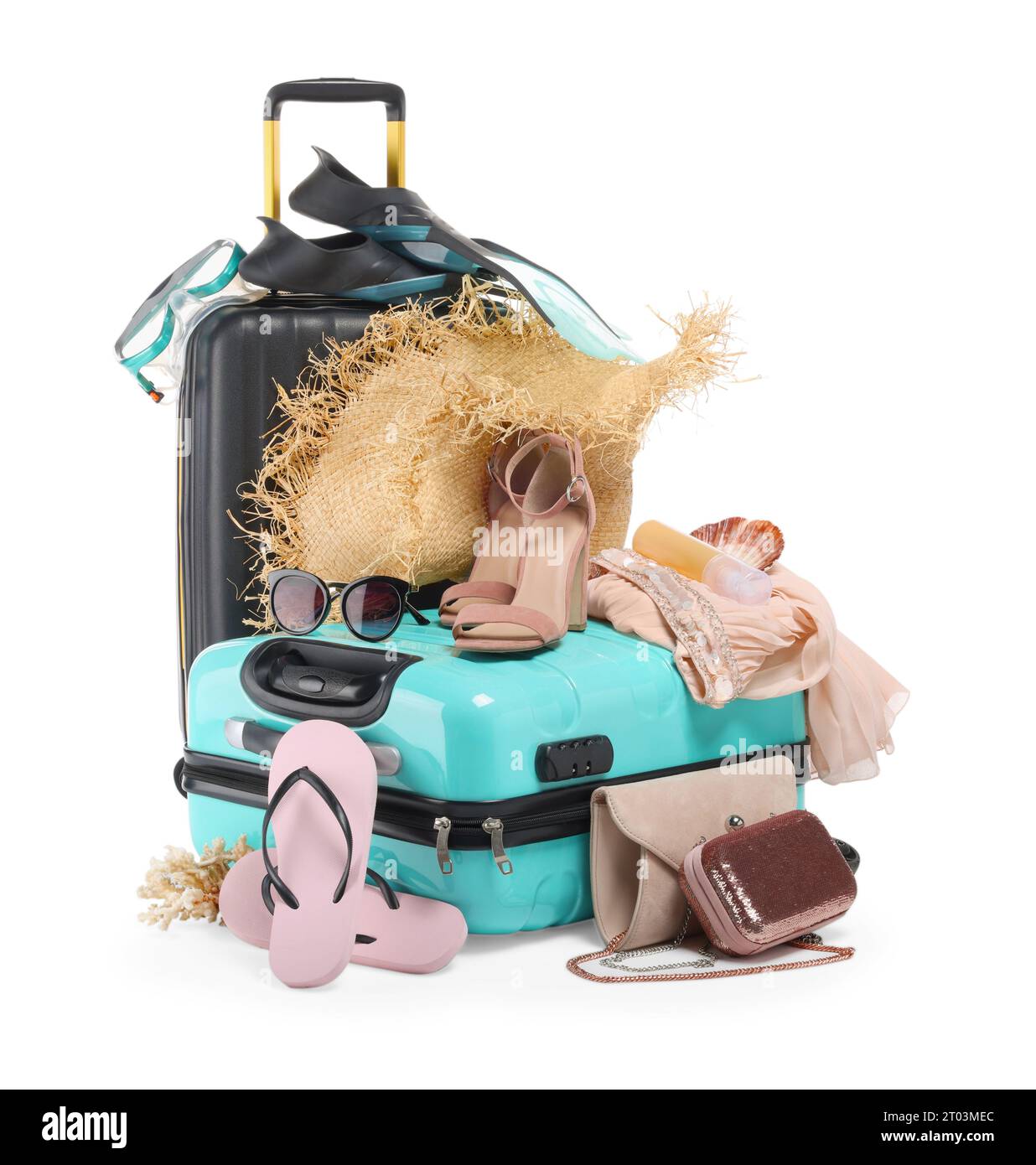 Suitcases with shoes, clothes and different beach accessories isolated ...