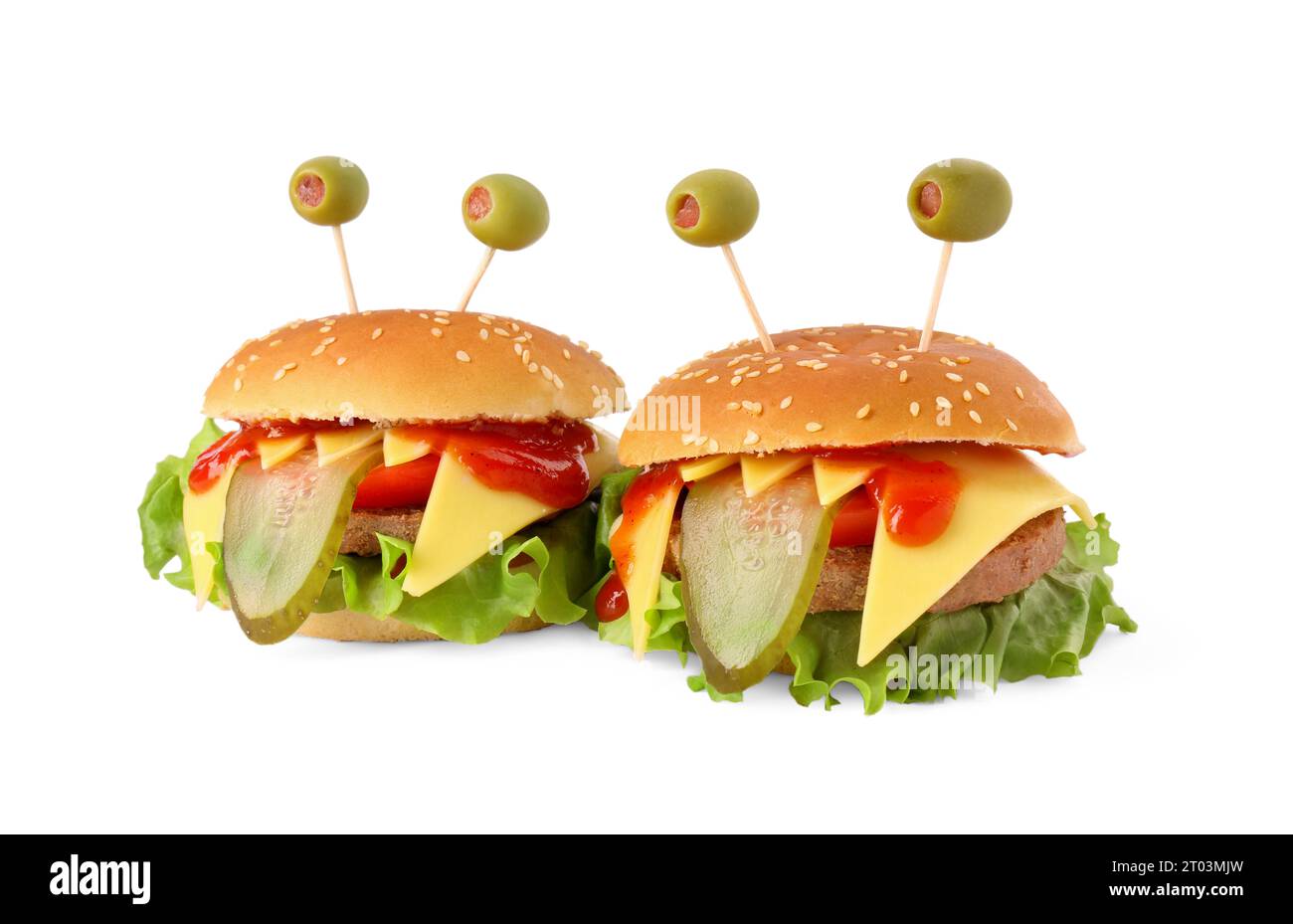 Cute monster burgers isolated on white. Halloween party food Stock ...