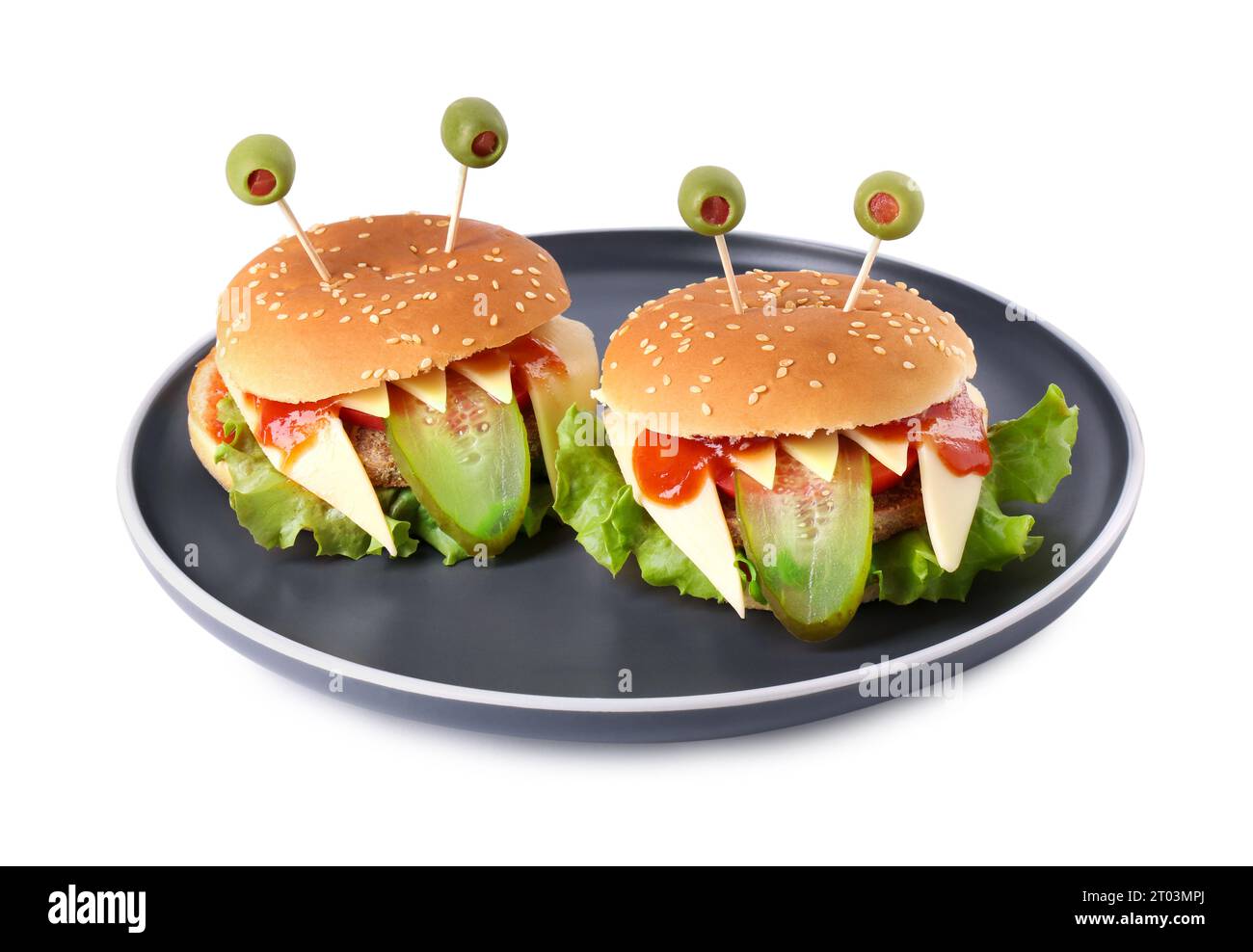 Cute monster burgers isolated on white. Halloween party food Stock ...