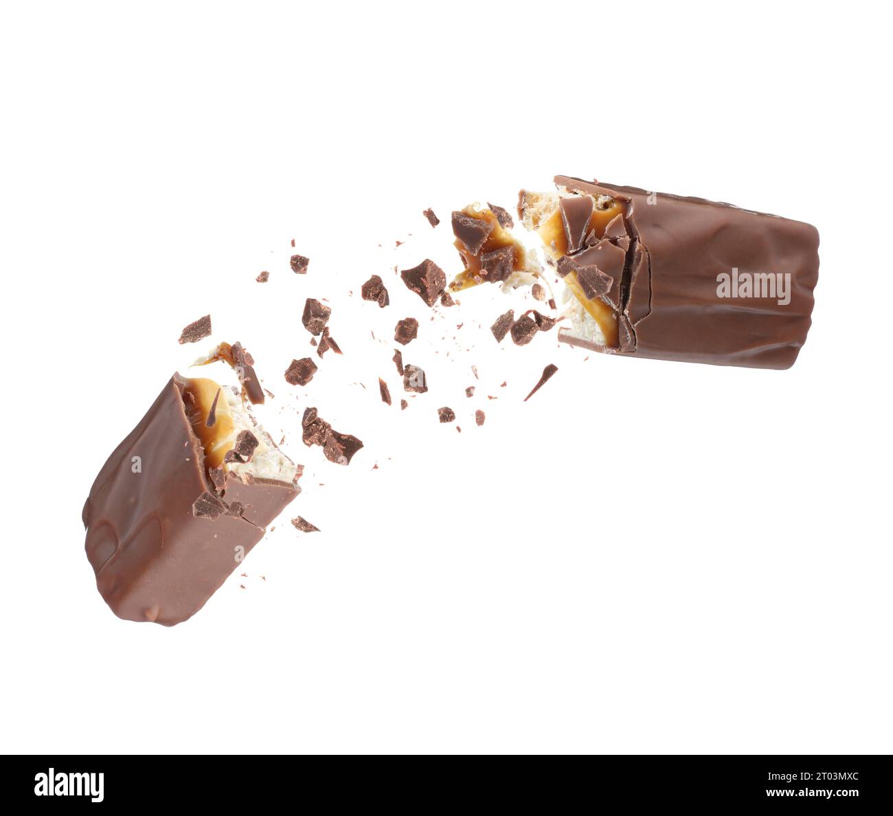 Broken chocolate bar with yummy caramel in air on white background ...