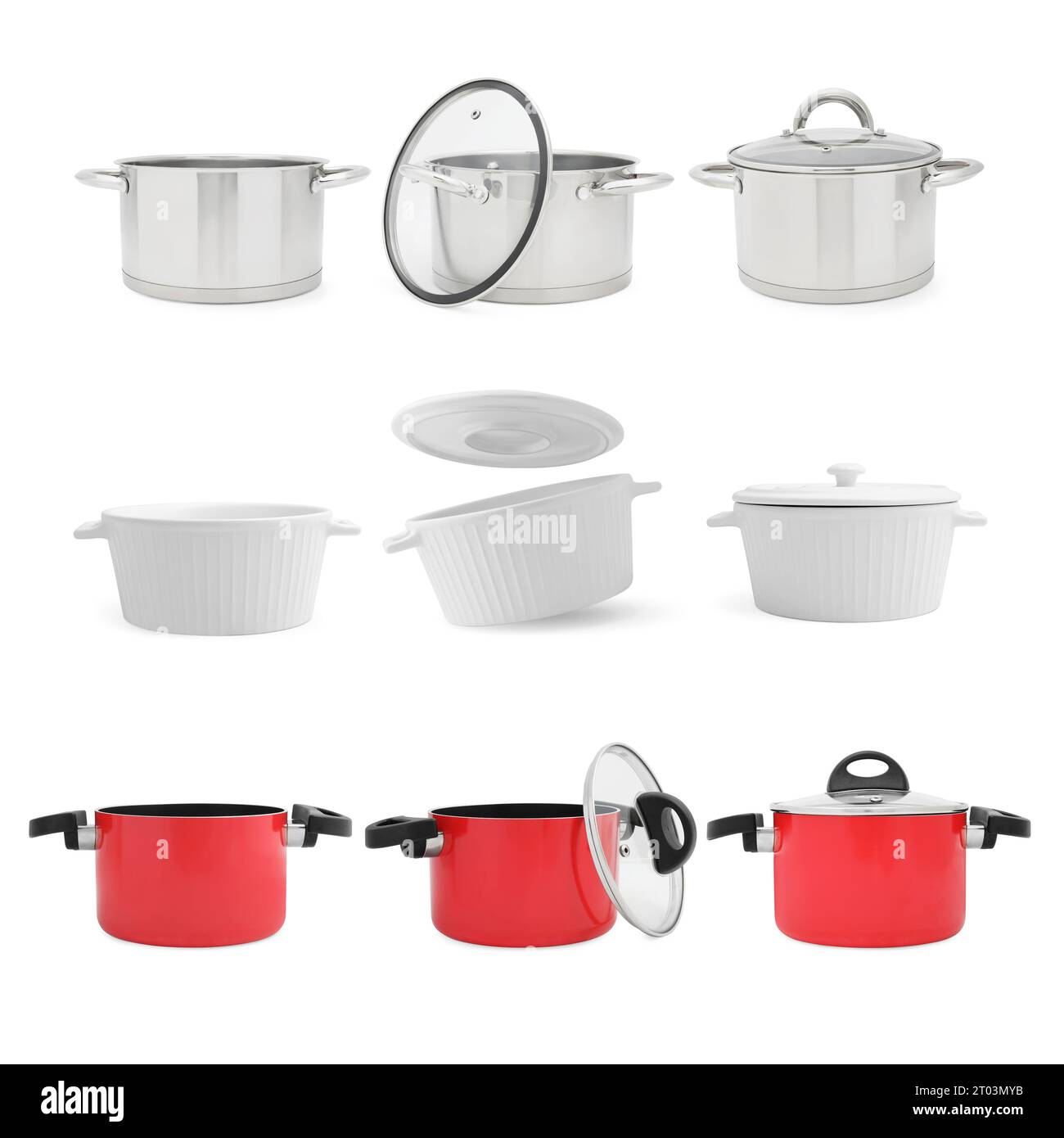 Set with different pots isolated on white Stock Photo - Alamy