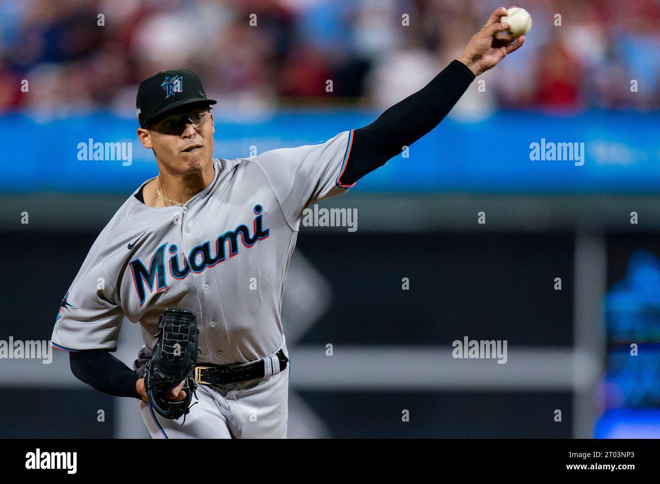 Miami Marlins starting pitcher Jesus Luzardo delivers to a Philadelphia Phillies batter during ...