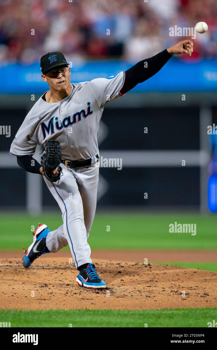 Miami Marlins starting pitcher Jesus Luzardo delivers to a Philadelphia Phillies batter during ...