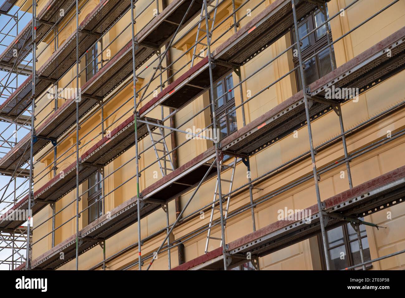 Scaffolding for renovating facade on the construction site. Assembled ...