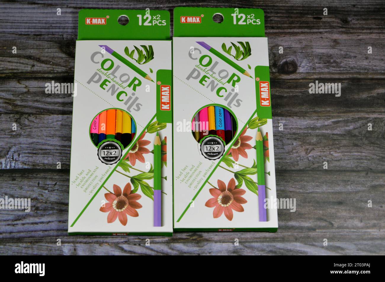 Cairo, Egypt, September 27 2023: K-Max double headed wood color pencils ...
