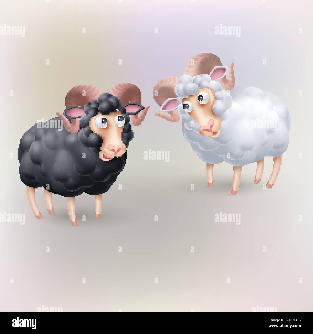 Two Funny Rams Black and White Colors. Cartoon Illustration of Pair ...