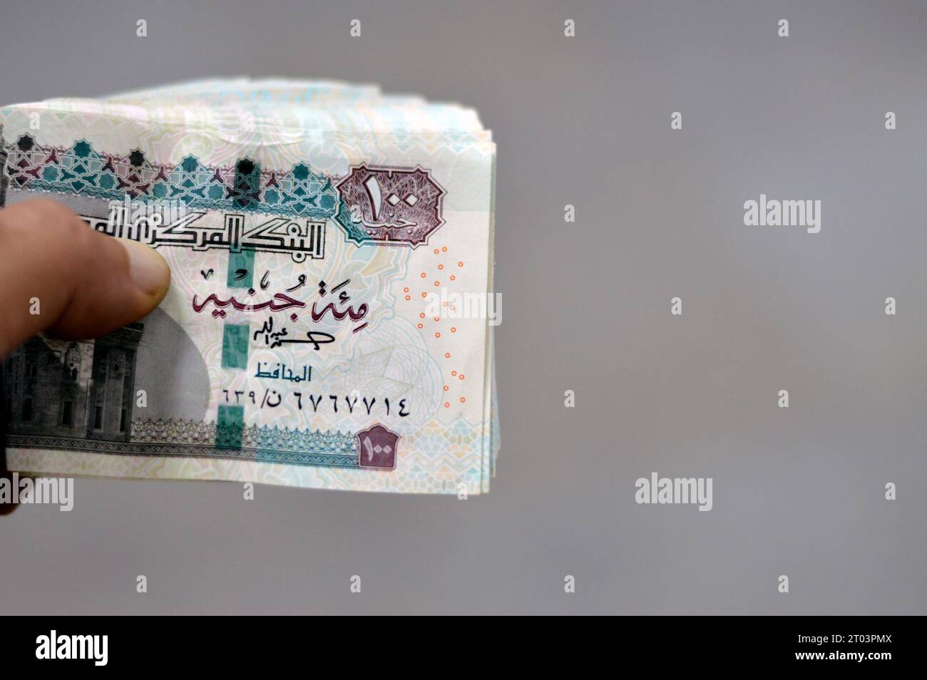 Folded 100 EGP LE one hundred Egyptian pounds cash money bills rolled ...