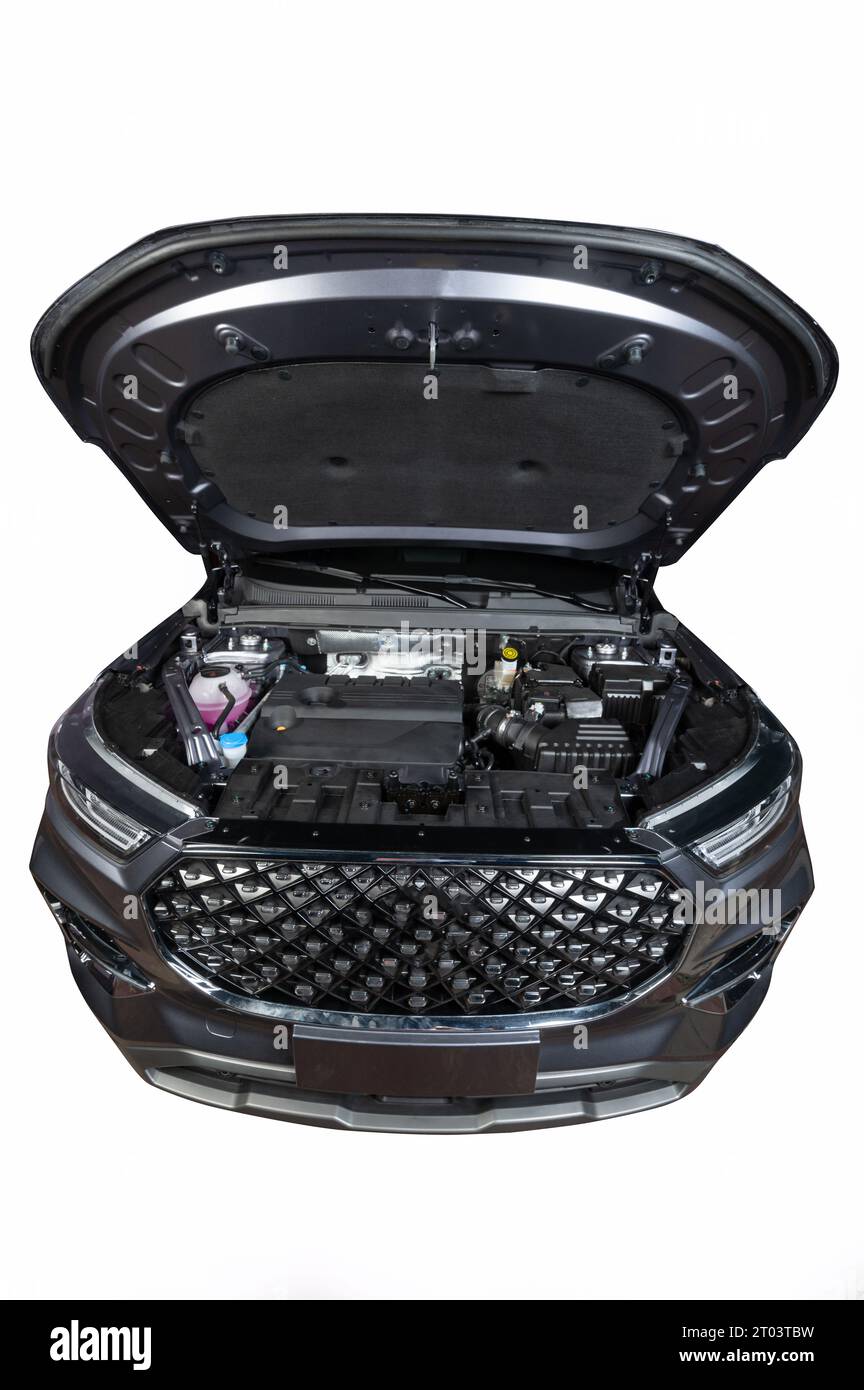 Modern SUV with open bonnet and clean engine front view Stock Photo - Alamy