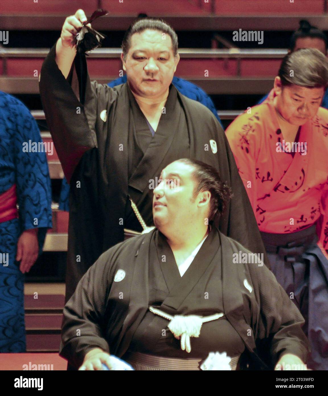 Former sekiwake-ranked sumo wrestler Kaisei (bottom), now stablemaster ...
