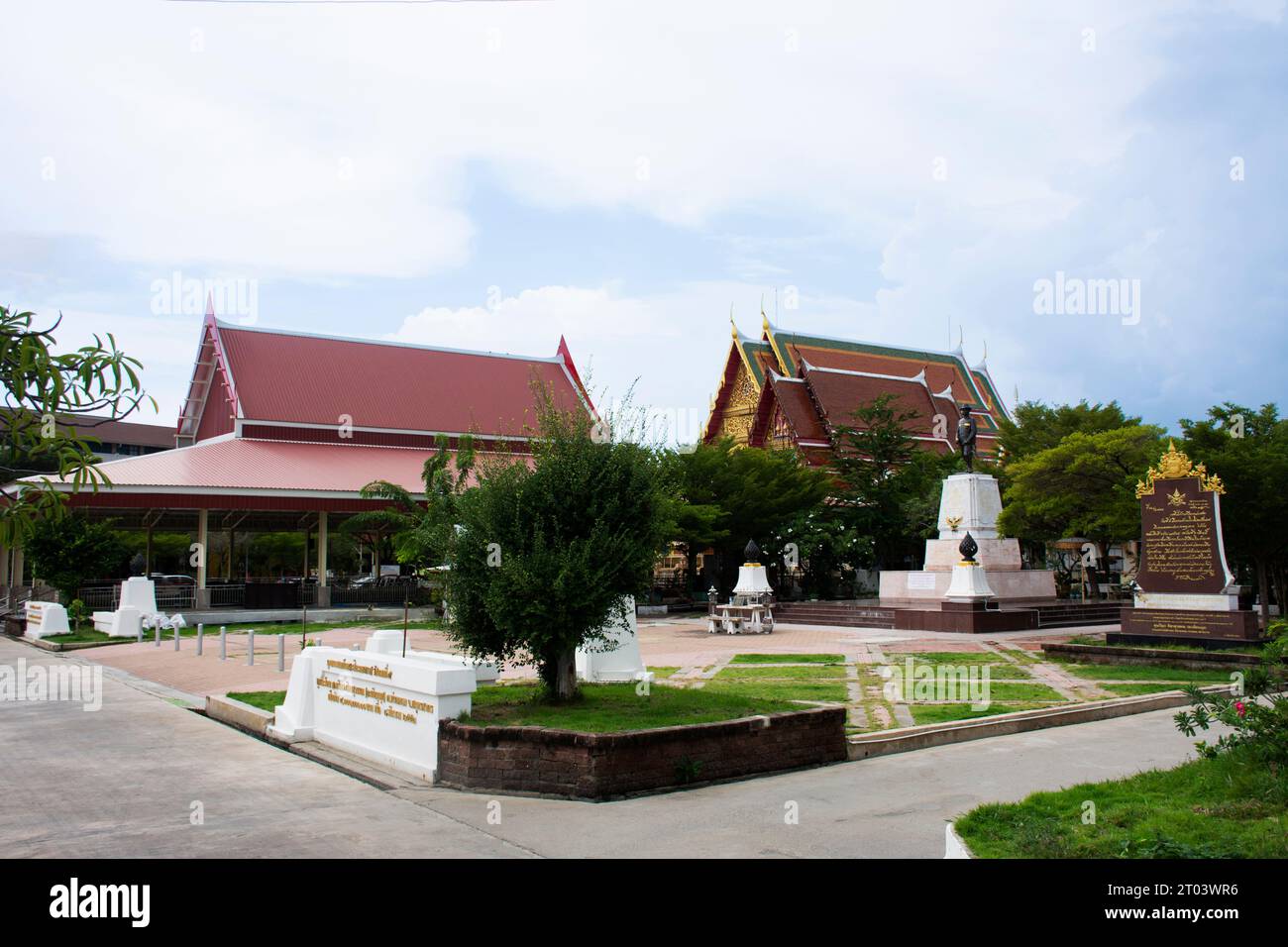 Landscape ordination hall or ubosot and statue of King Rama V for thai ...