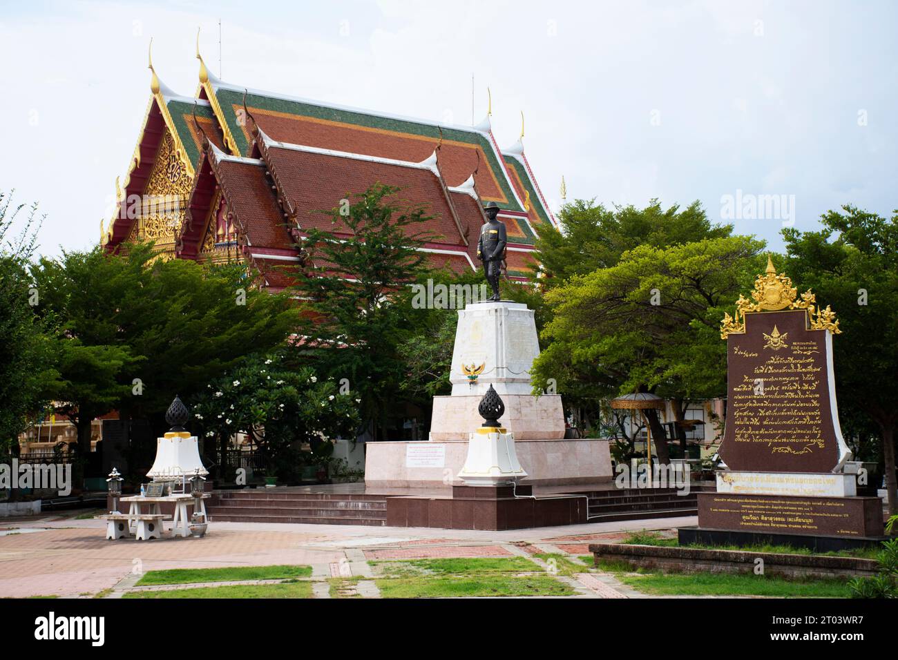 Landscape ordination hall or ubosot and statue of King Rama V for thai ...
