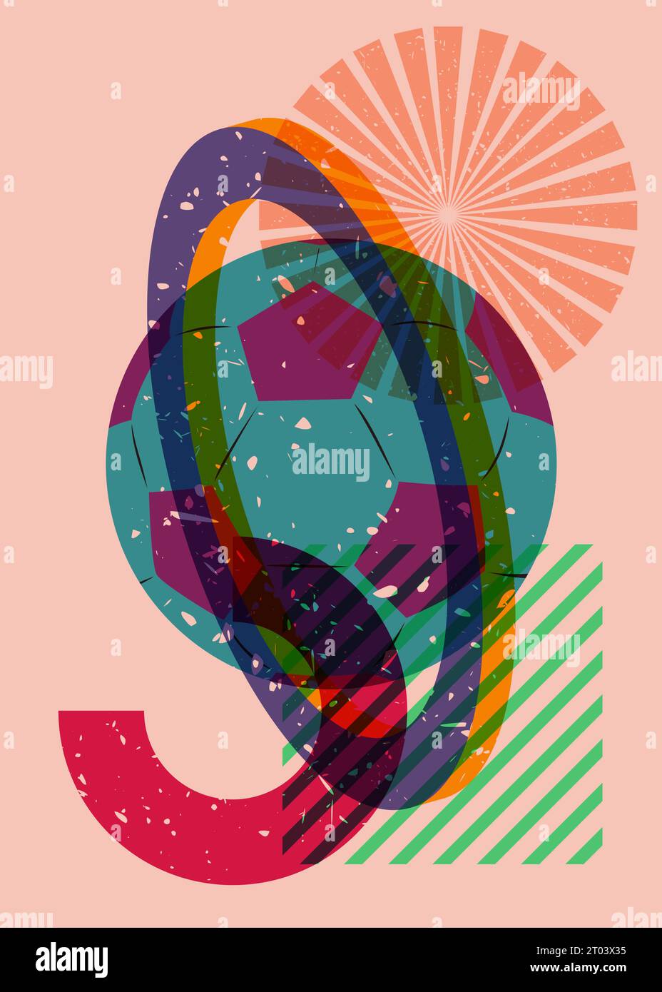 Risograph football ball with geometric shapes. Sport object in trendy ...