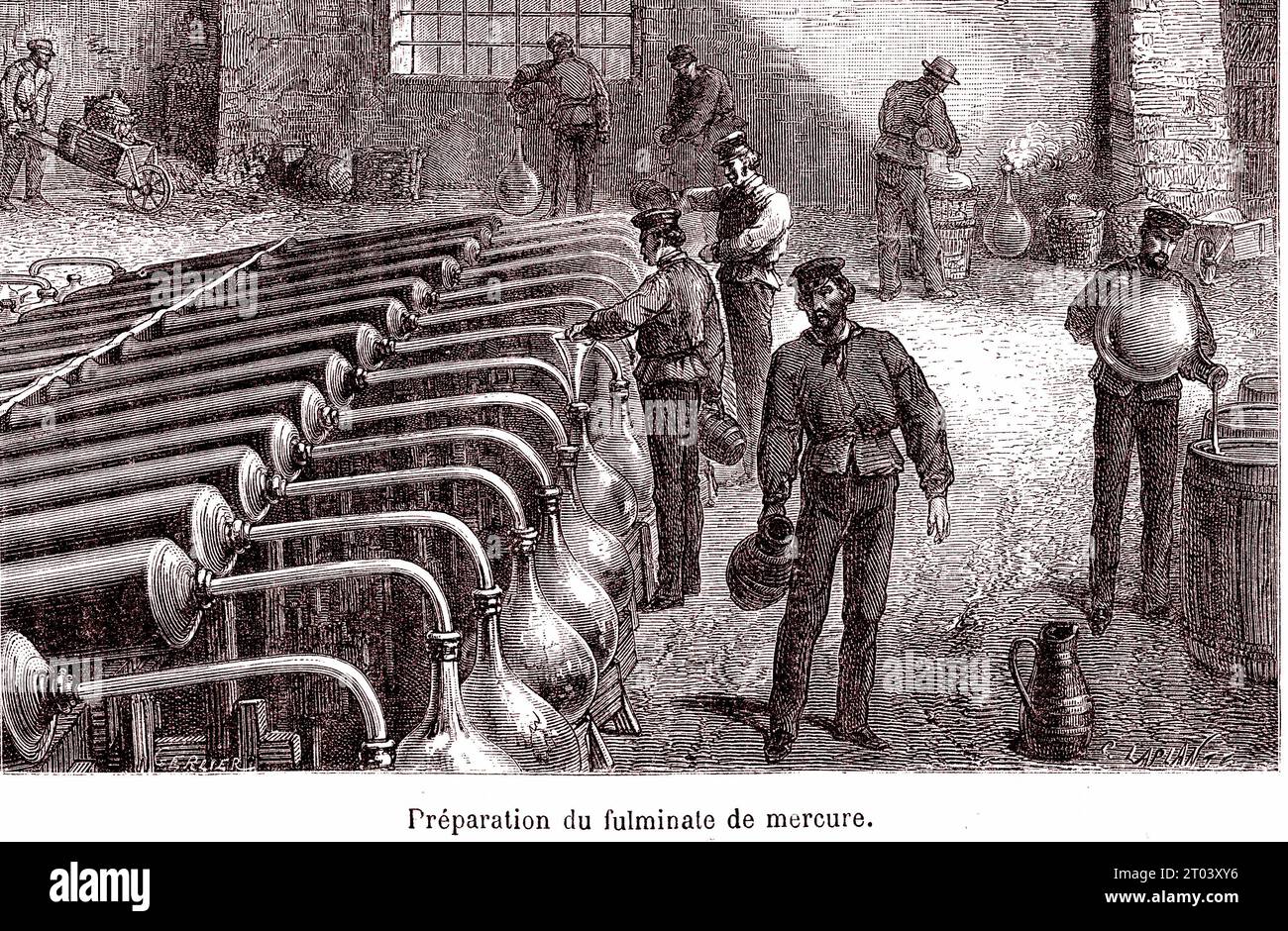 1843 illustration showing the preparation of mercury fulminate. This ...