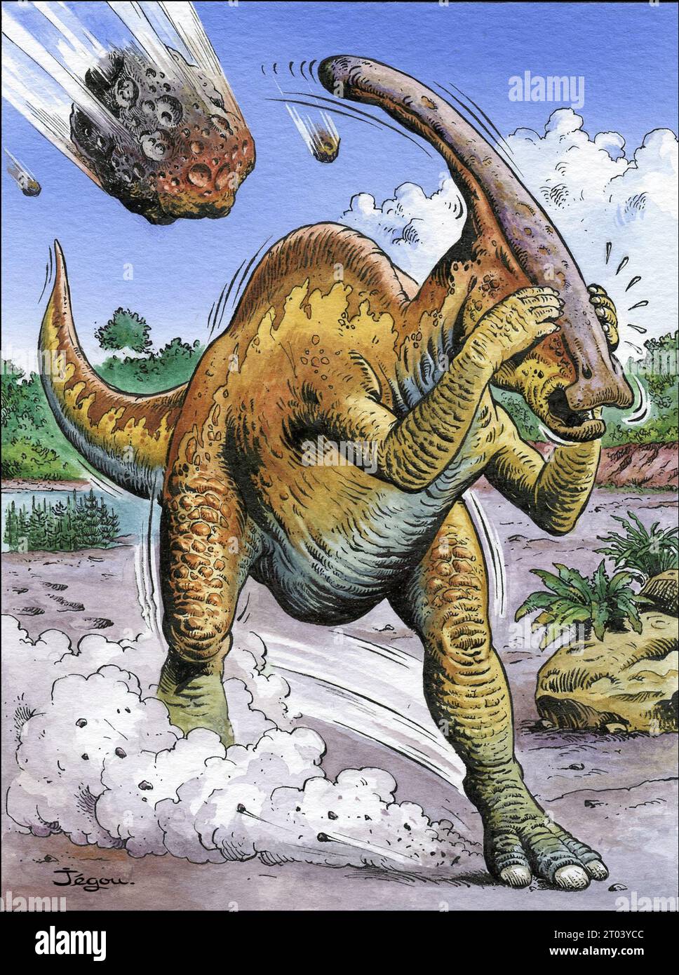 Death of the dinosaurs, conceptual illustration. Parasaurolophus dinosaur hiding from an ...