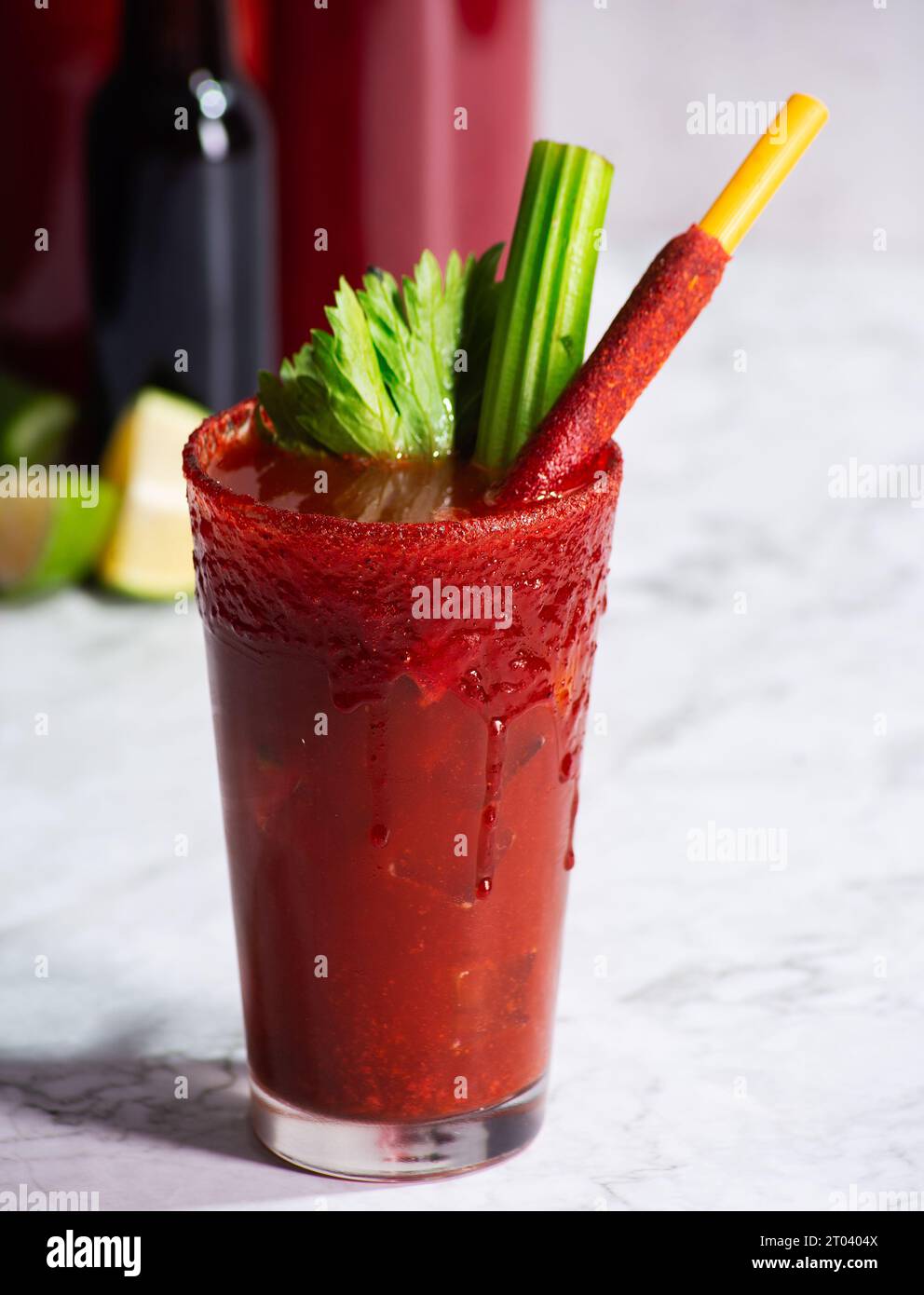 Michelada, Mexican drink with chamoy, tamarind, chili, celery, sauces ...