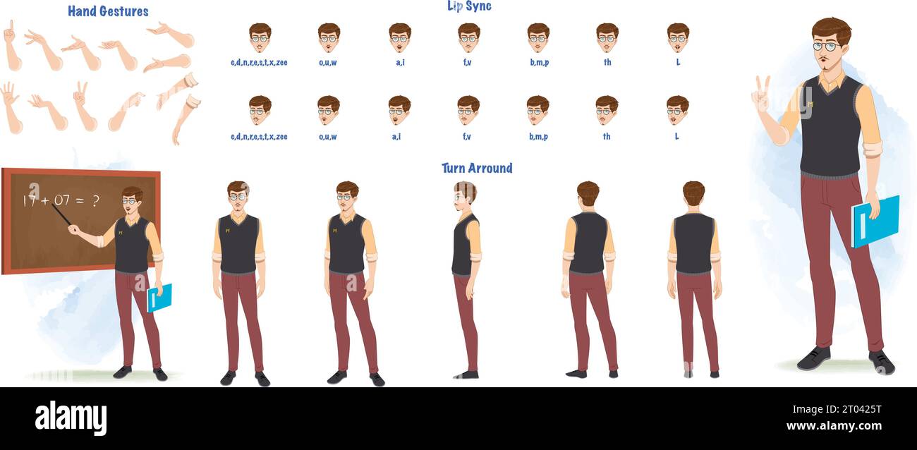 Set of male teacher design. Character Model sheet. Front, side, back ...