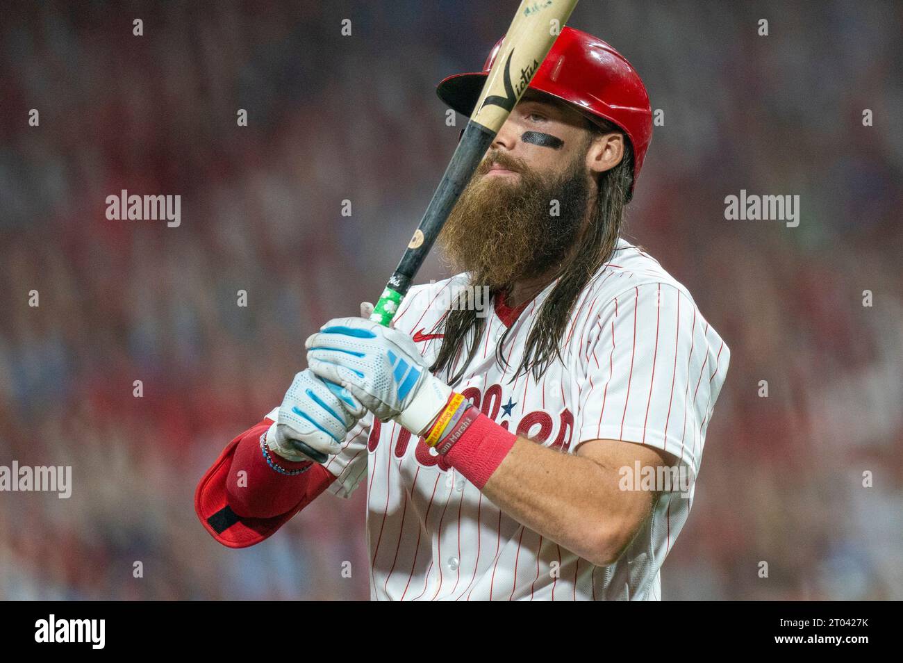 Philadelphia Phillies' Brandon Marsh looks on during the Game 1 in an ...