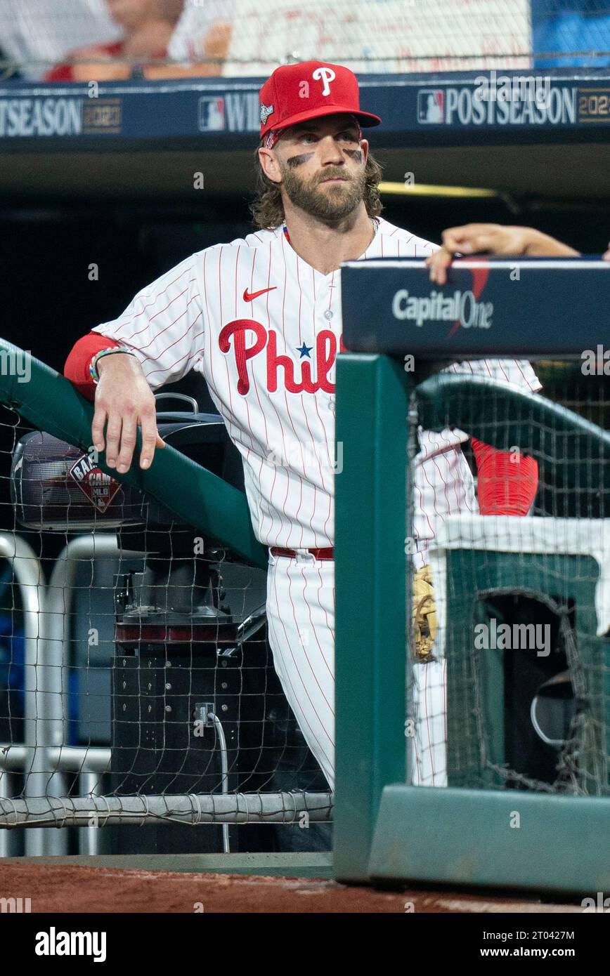 Philadelphia Phillies' Bryce Harper looks on during the Game 1 in an NL ...