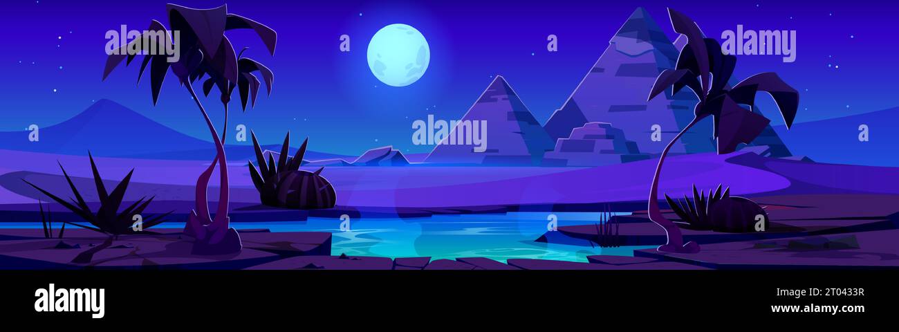 Night river landscape with pyramids in desert. Vector cartoon ...