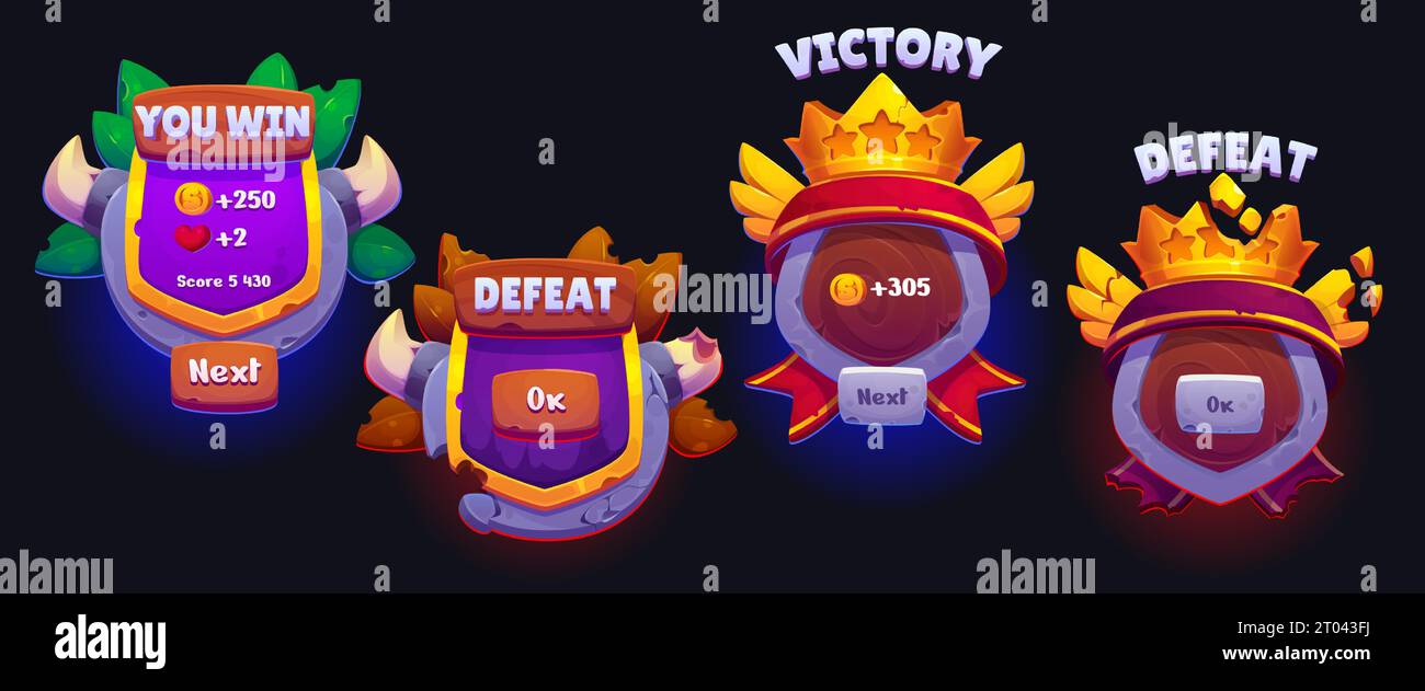 Win and lose ui game interface score board button. Victory screen frame cartoon design with horn ...