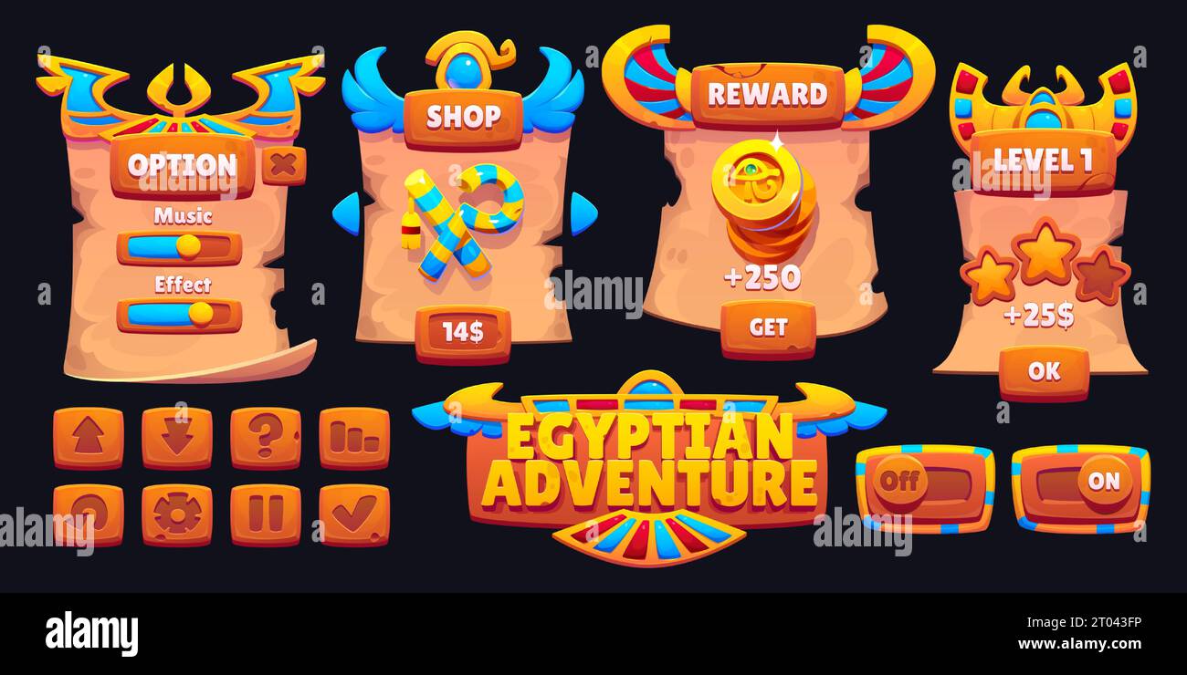Egypt ui game interface vector button icon set. Egyptian gui menu ...