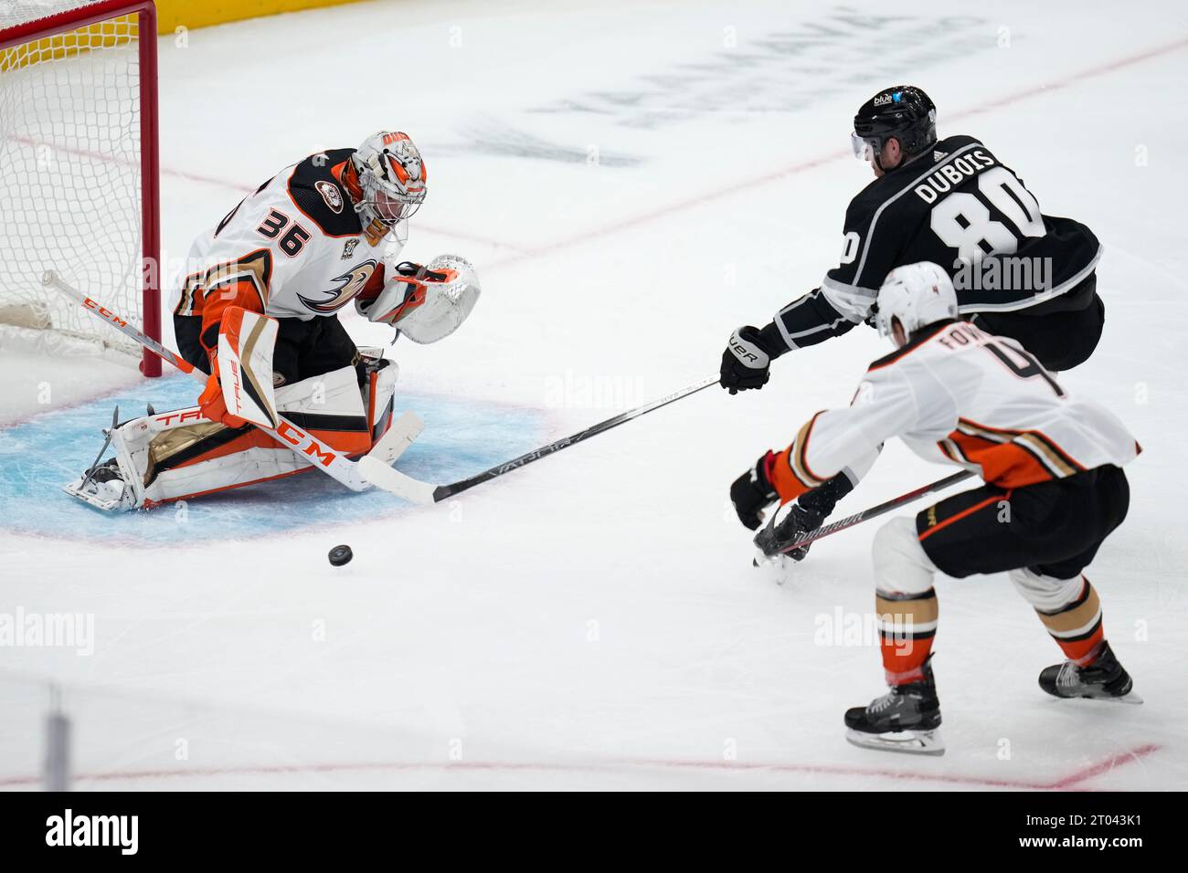 Los Angeles Kings left wing Pierre-Luc Dubois (80) shoots against ...