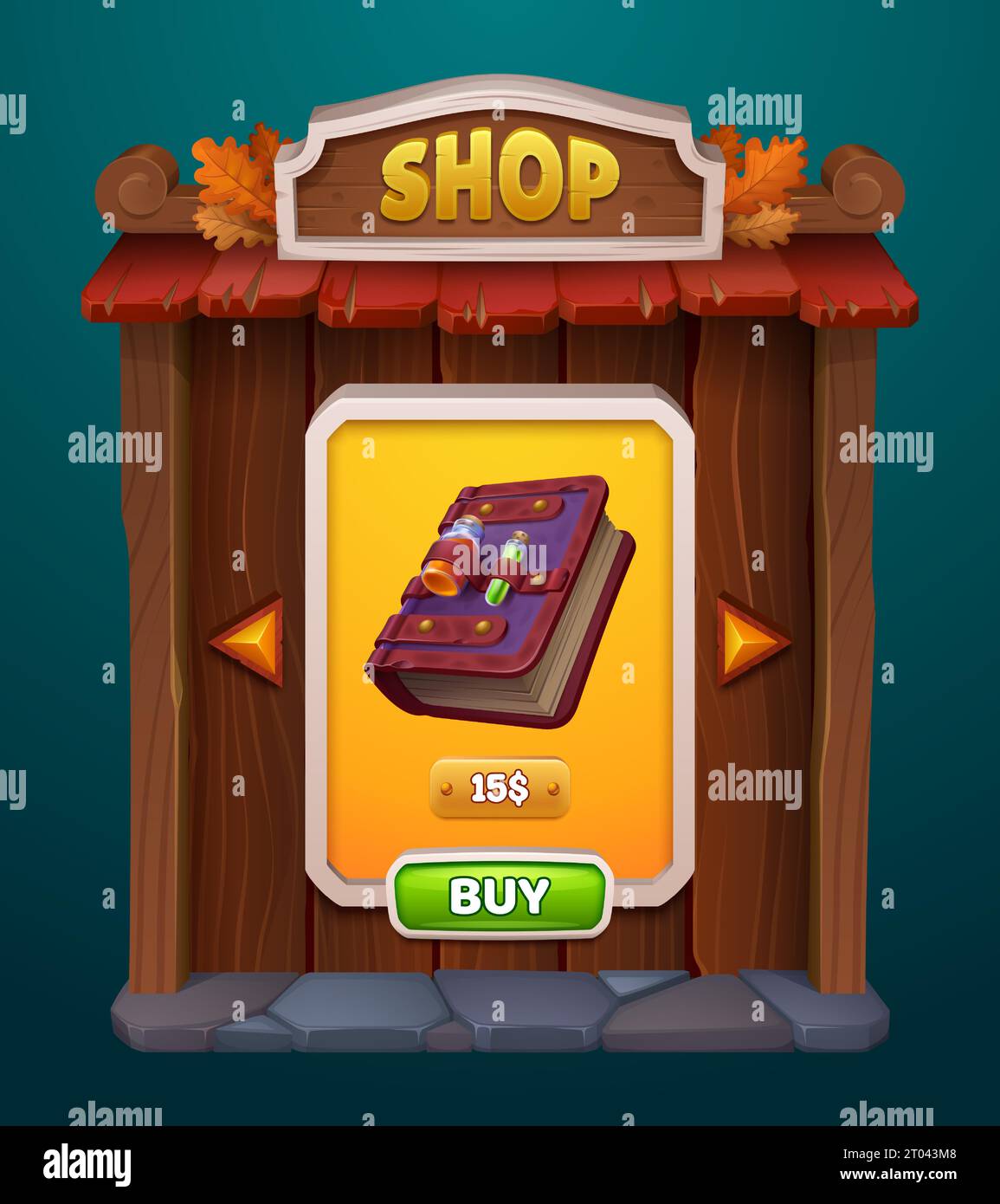 Autumn fantasy game shop ui interface wood frame background. Gui buy ...