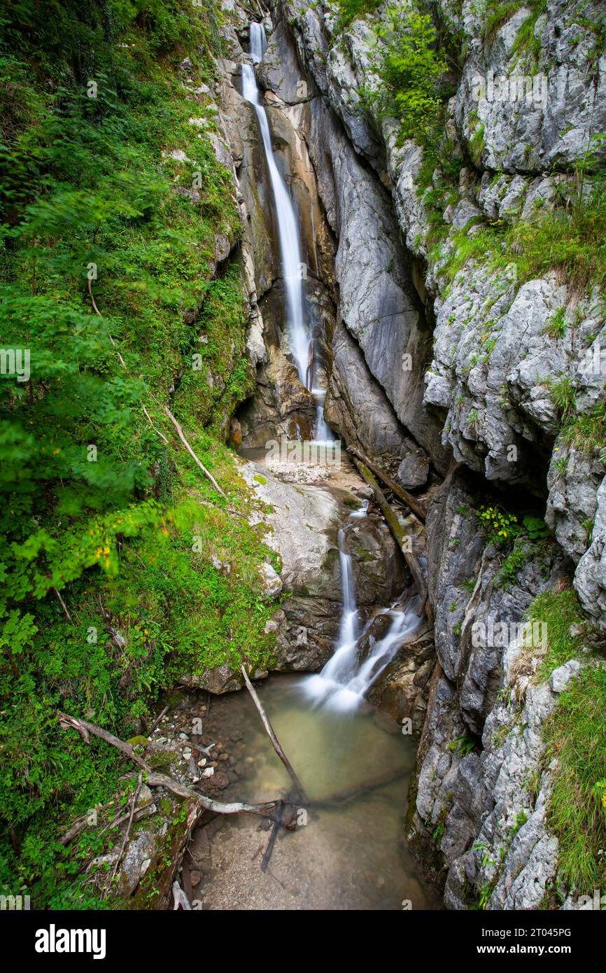 Hallstatt waterfall, near Muellerstiege, Lake Hallstatt, Salzkammergut ...
