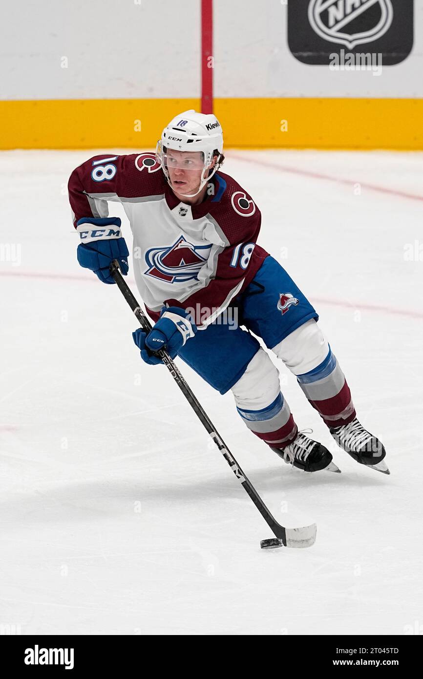 Colorado Avalanche defenseman Jack Ahcan controls the puck during a ...