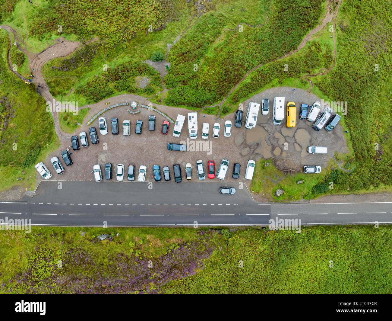 Aerial view, top down view, of the crowded walkers' car park and ...