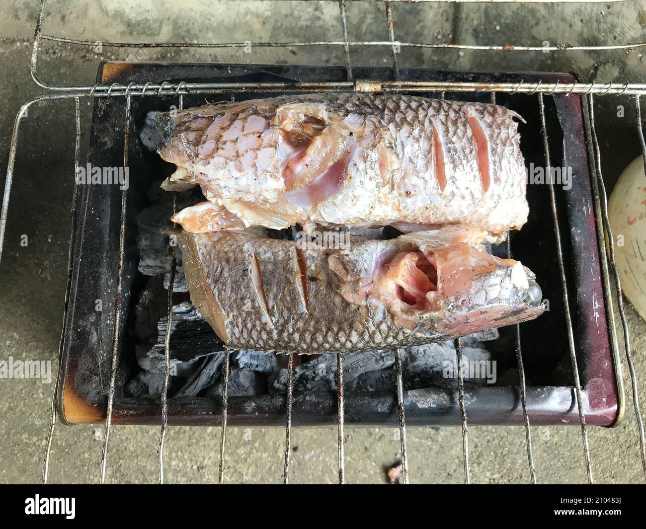Some snakehead fish are grilled using charcoal Stock Photo - Alamy