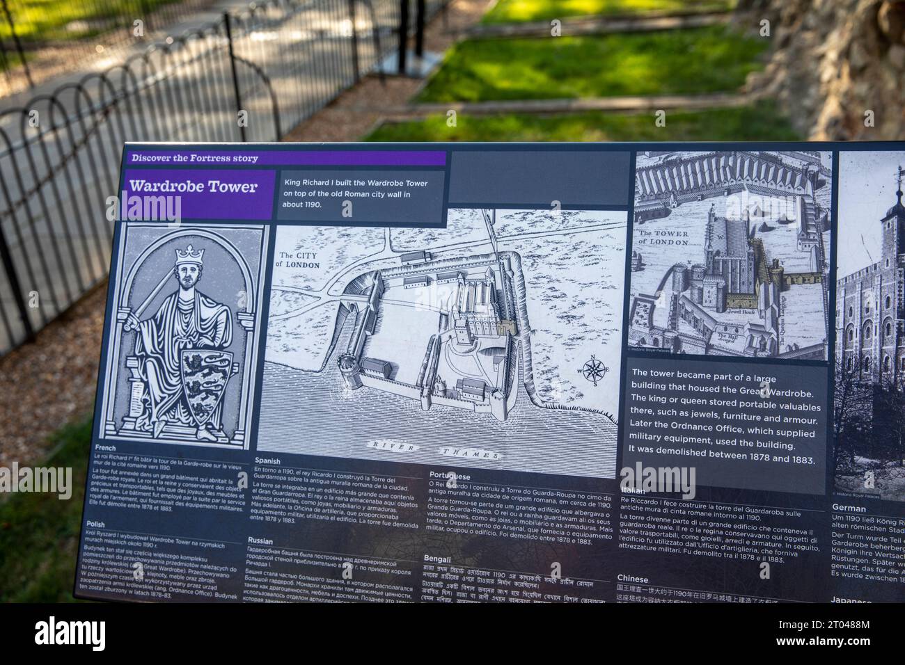 Tower of London and information board explaining history of the ...