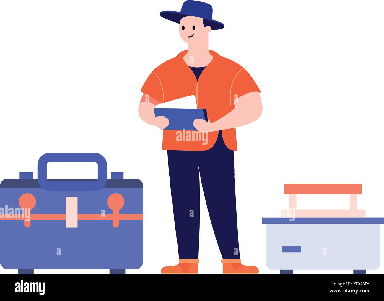 Hand Drawn Technician or engineer with toolbox in flat style isolated ...
