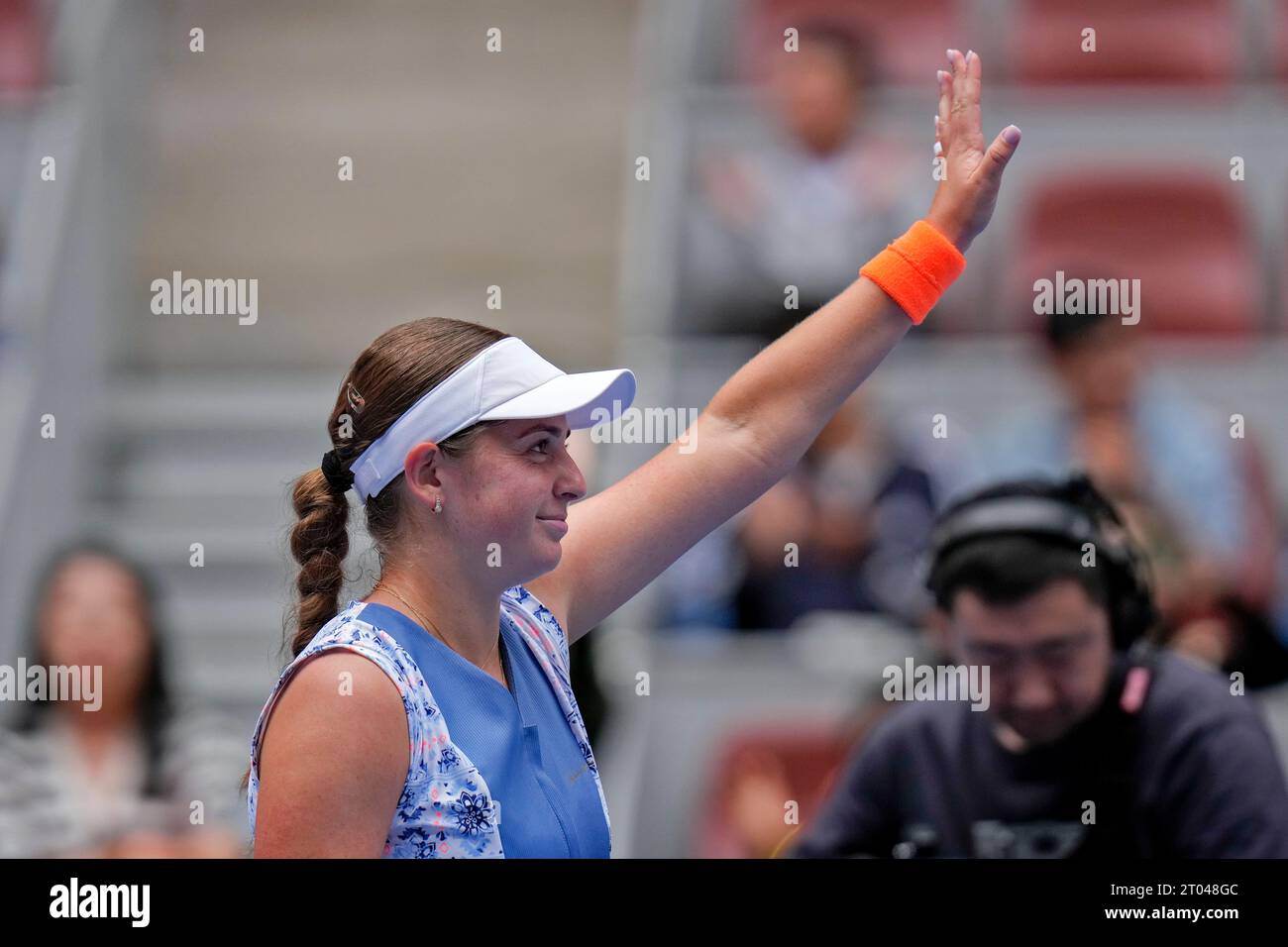 Jelena Ostapenko of Latvia waves to spectators after defeating Jessica ...