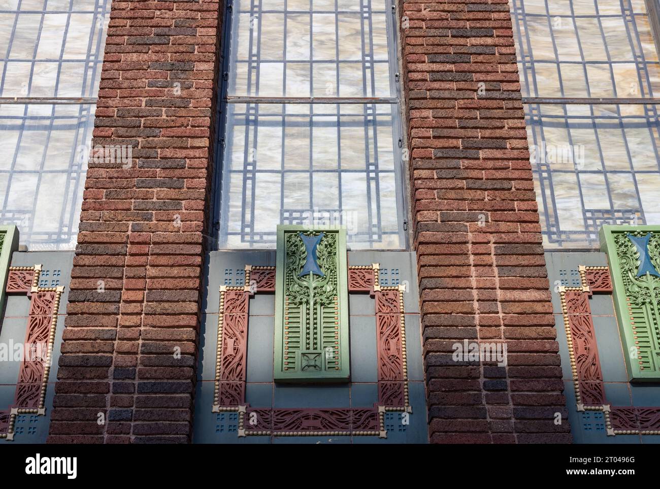 Close up exterior brick wall texture background in 19th century Prairie ...