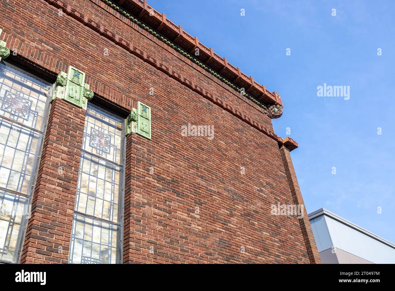 Close up exterior brick wall texture background in 19th century Prairie ...