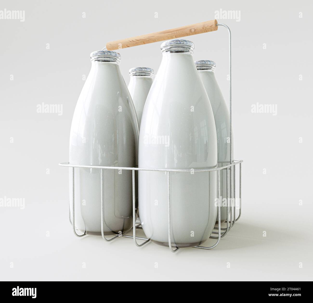 A set of four vintage glass milk bottles in a wire carry delivery ...