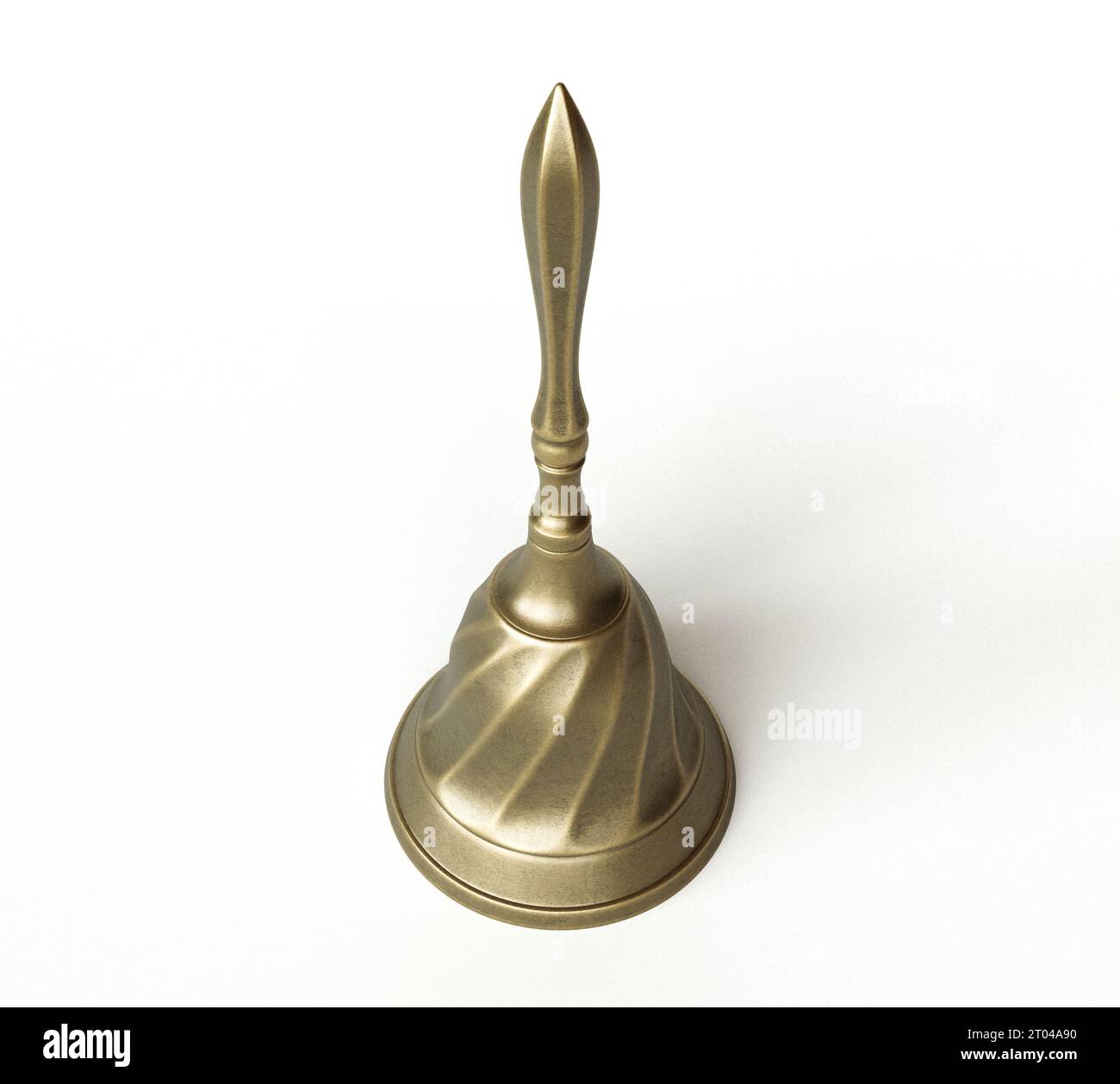 A small ornate antique service bell with a handle on an isolated white ...