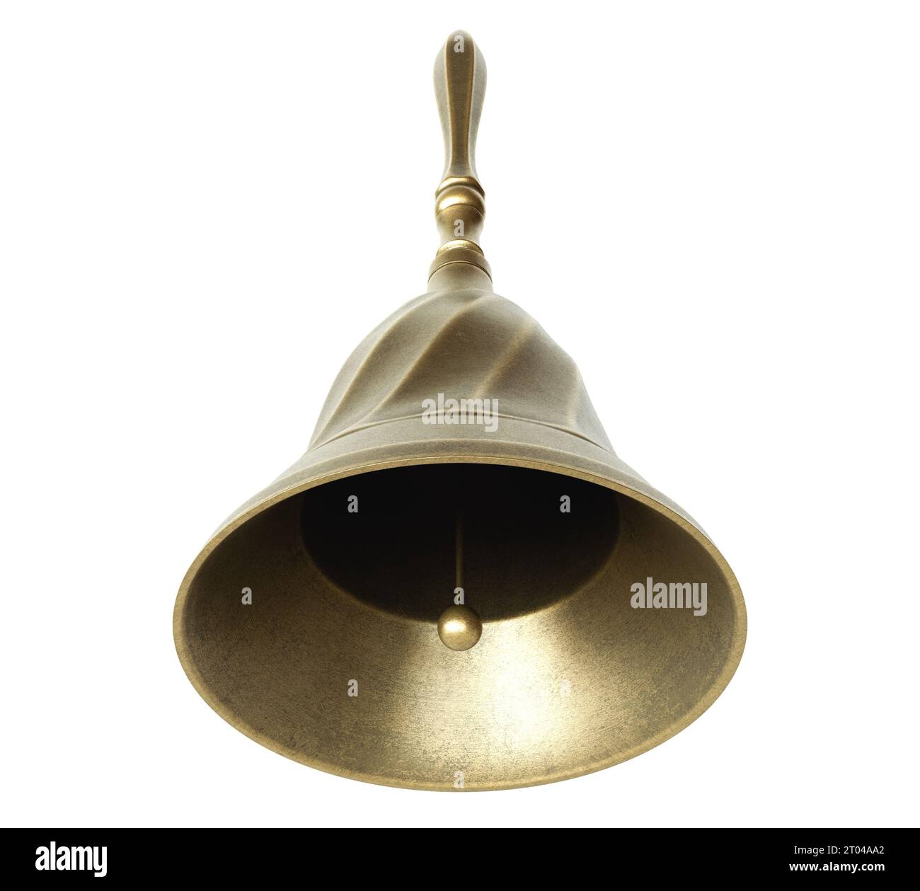 A small ornate antique service bell with a handle on an isolated white ...