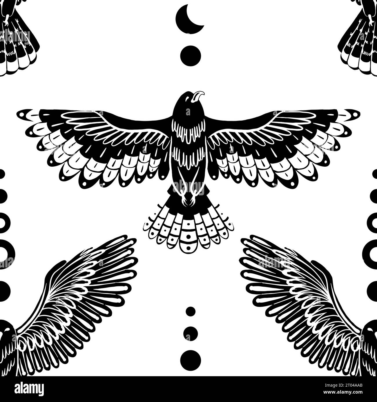 Decorative monochrome seamless pattern with flying birds and moon ...