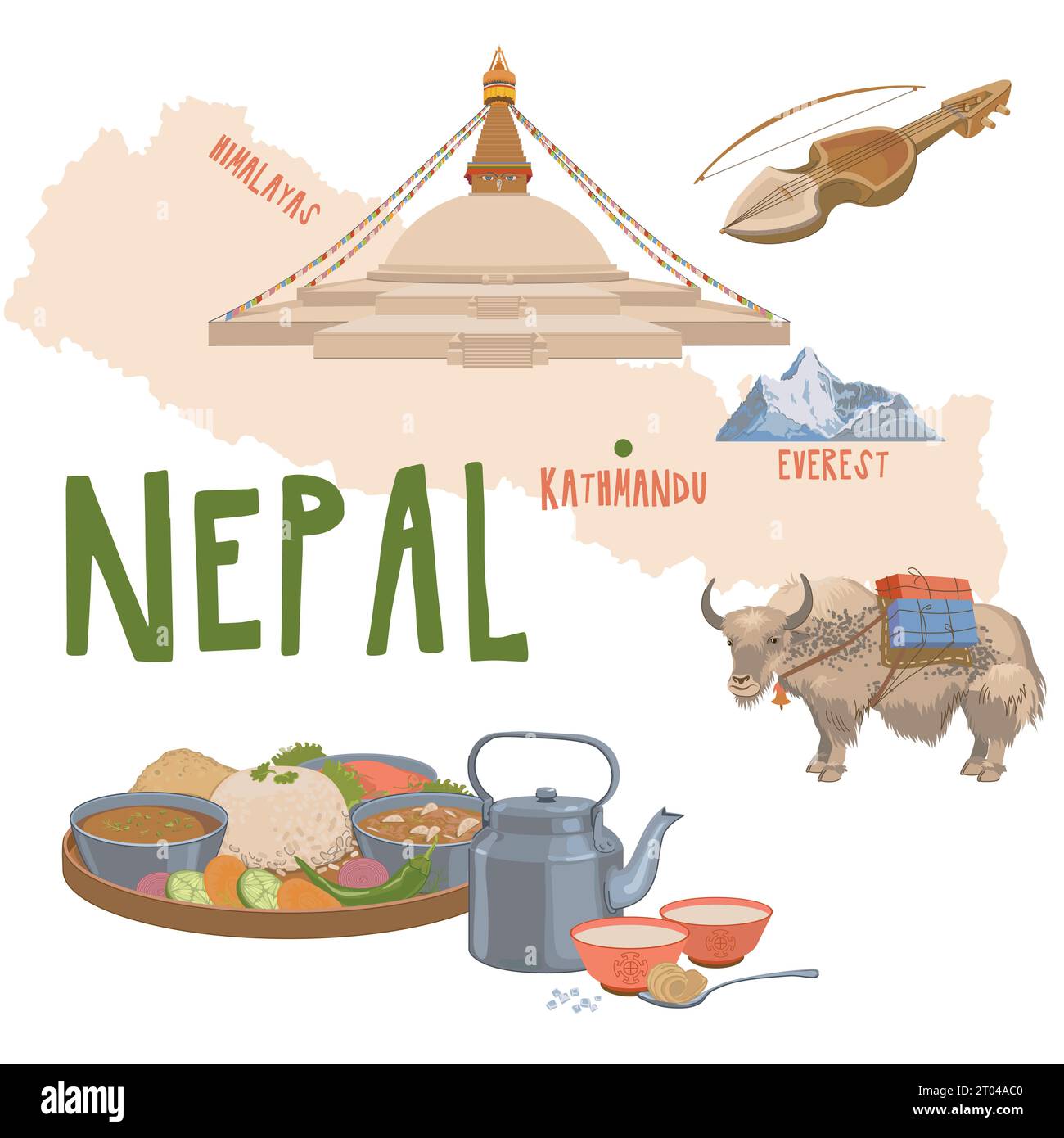 Map of Nepal with attractions. Traditional dishes, food products ...