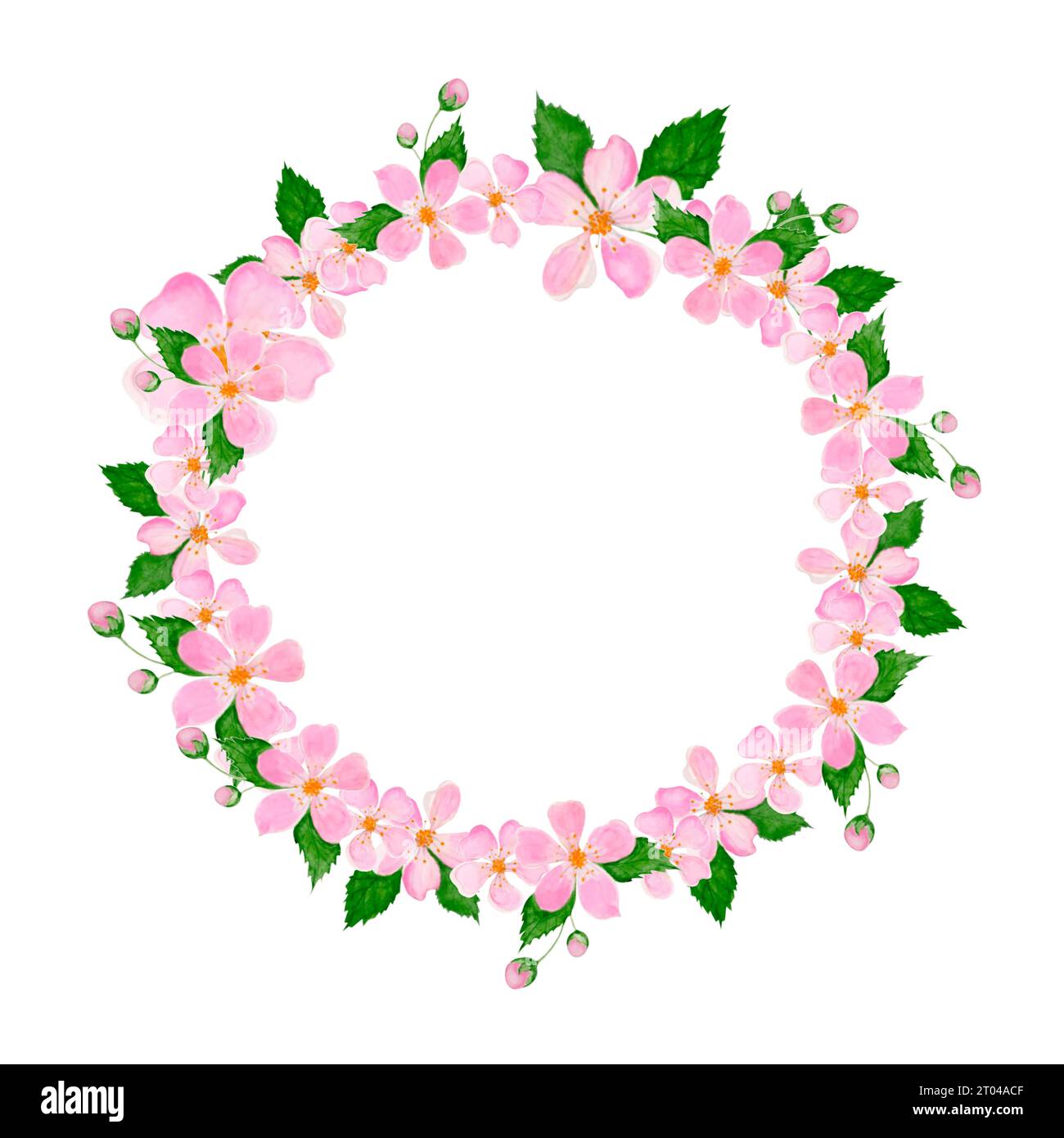 watercolor illustration round flower frame. floral wreath of pink ...