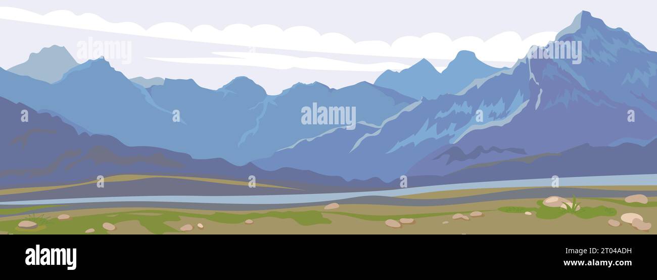 Picturesque landscape with mountains, high mountain valley, river ...